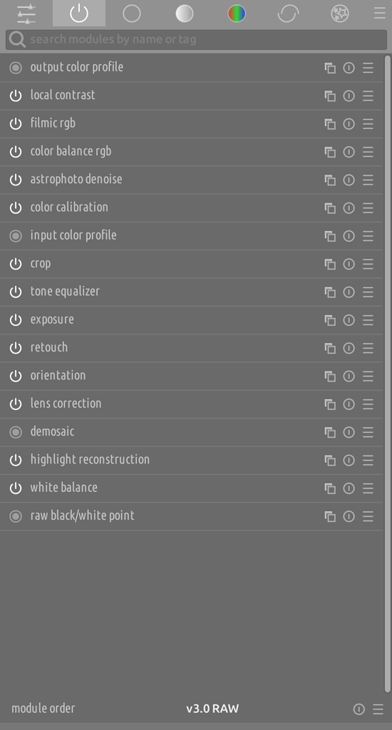 Visualise recommended colour spaces of the pixelpipe in module order ...