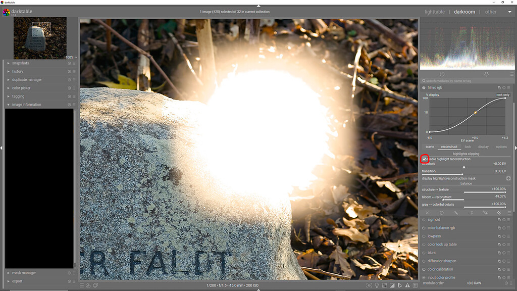 Filmic RGB with Reconstruction on suddenly 'burns' through managed ...