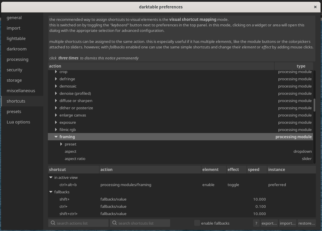Is it possible to create a shortcut to turn on/off framing module - Software - discuss.pixls.us